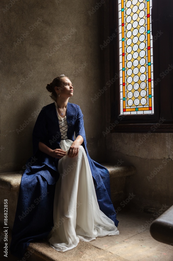 princess balcony medieval dress ancient young blue dress castle stairs ...