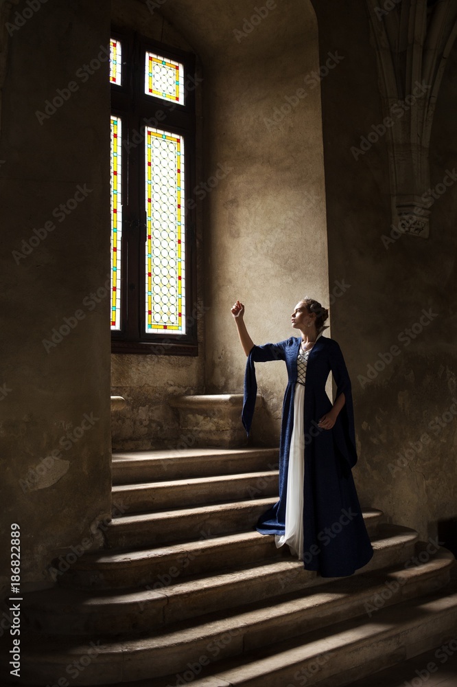 princess balcony medieval dress ancient young blue dress castle stairs ...