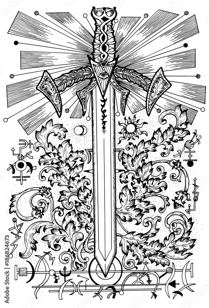 Graphic illustration with sword and mysterious symbols.. Fantasy and ...