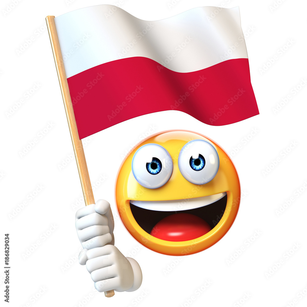 Emoji holding Polish flag, emoticon waving national flag of Poland 3d ...