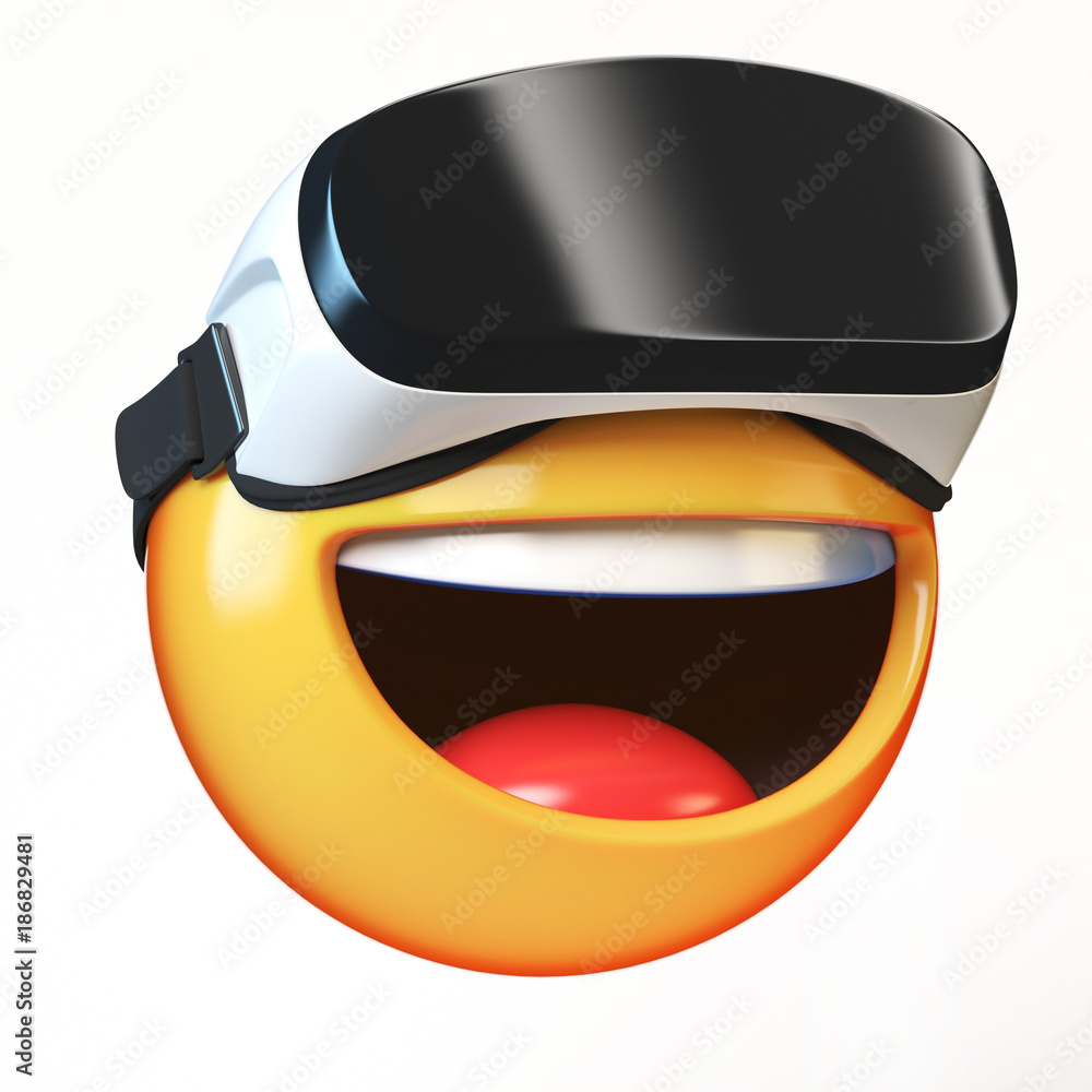 Emoji with VR headset isolated on white background, emoticon in virtual ...