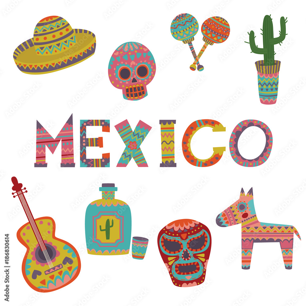 Mexico set, symbols of Mexican culture cartoon vector Illustrations ...