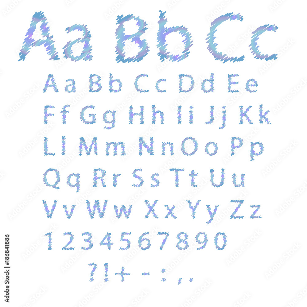 hand drawn alphabet blue color on white background. Bold capital ...
