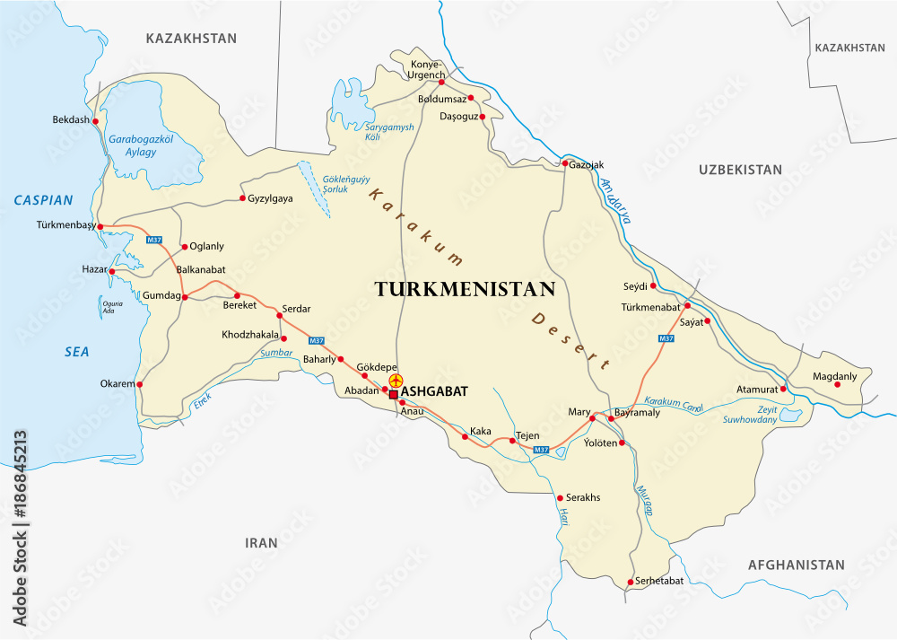 turkmenistan road vector map with important cities Stock Vector | Adobe ...