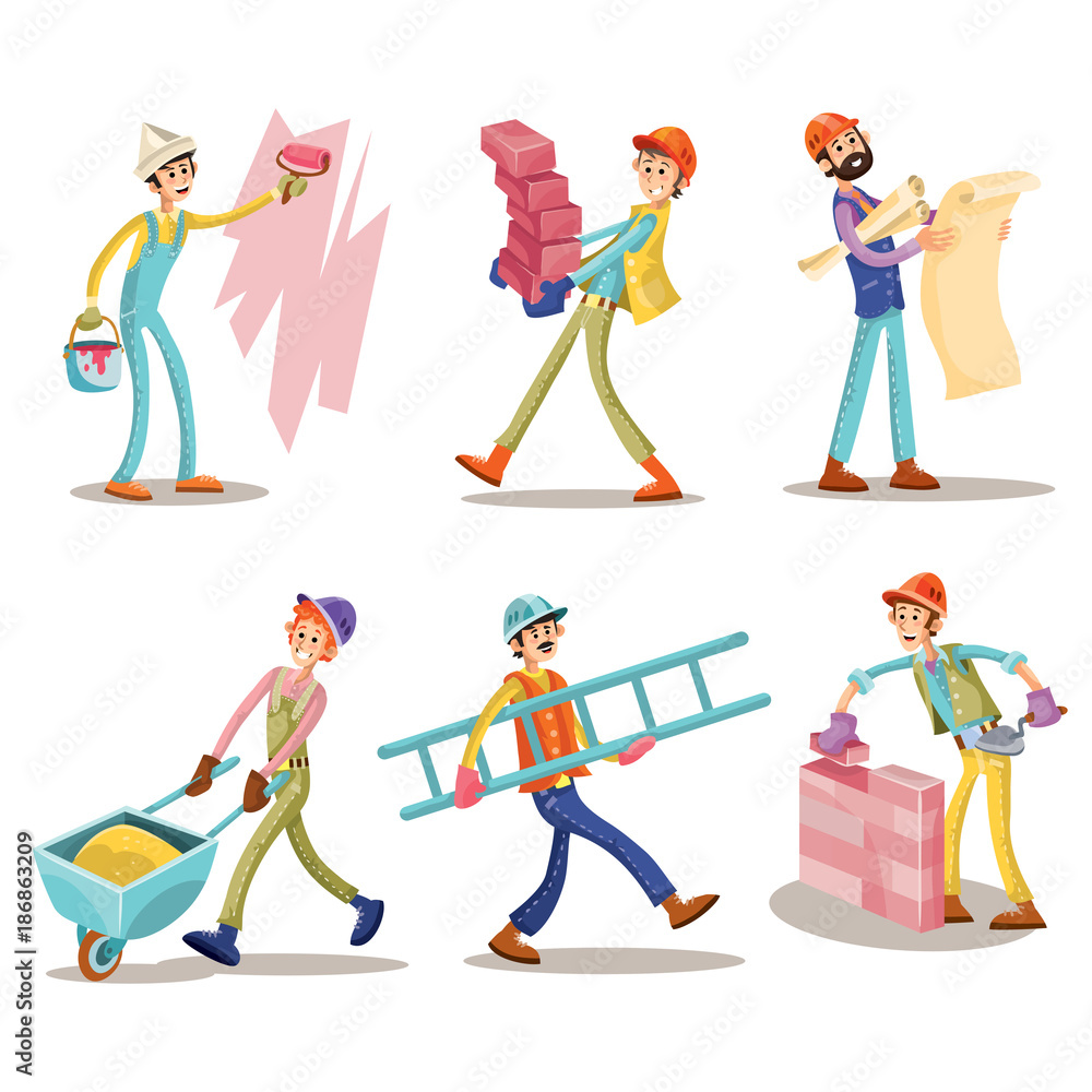 Construction workers, vector funny cartoon set. Mason is laying ...