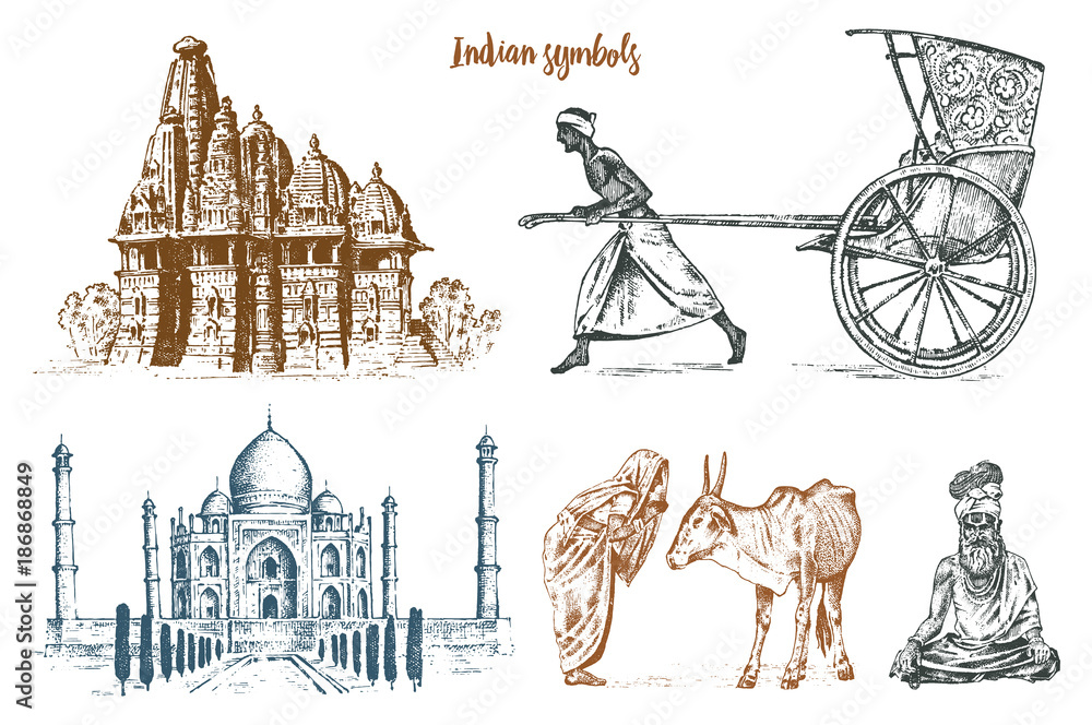Indian monk meditating and landmark or architecture. Taj Mahal ...