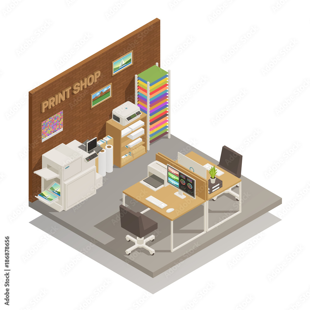 Print Shop Interior Isometric Composition Stock Vector | Adobe Stock