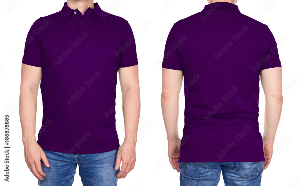 T-shirt design - young man in blank purple polo shirt from front and ...
