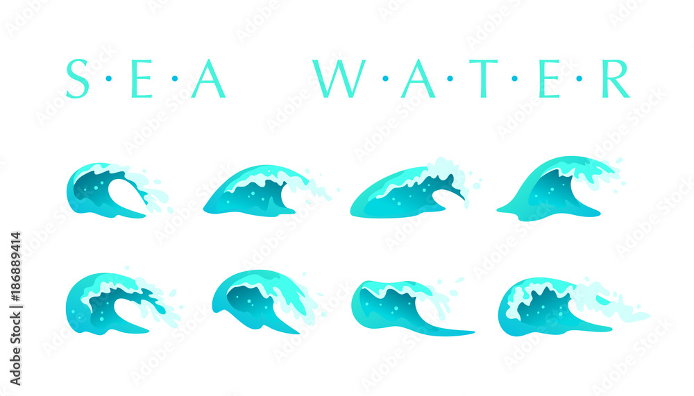 Vector collection of flat blue water waves, splatters, curves icons ...