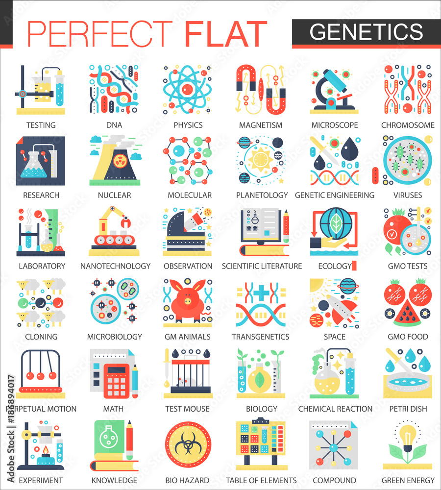 Biochemistry, biology genetics vector complex flat icon concept symbols ...