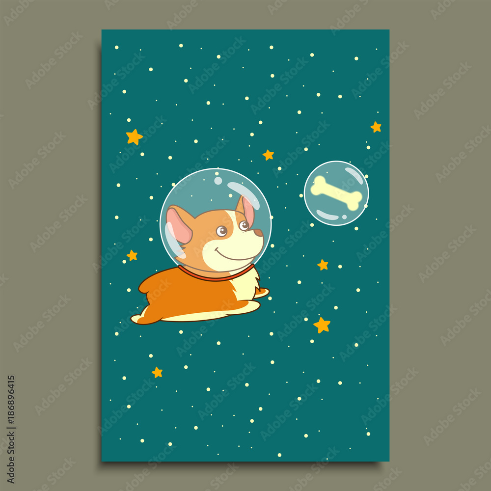 Cute smiling dog dressed in spacesuit is flying in outer space using ...