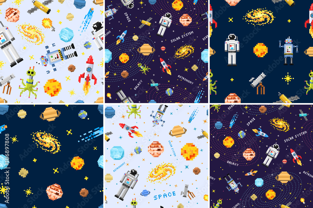 space seamless pattern set background, alien spaceman, robot rocket and ...