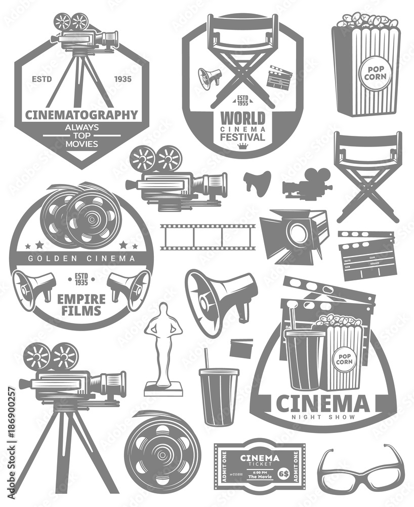 Set of cinema labels. Elements for design on the cinema theme ...