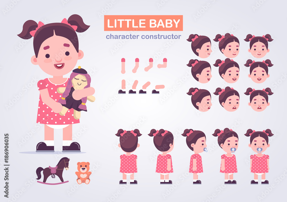 Happy little kid girl character with various views, face emotions ...