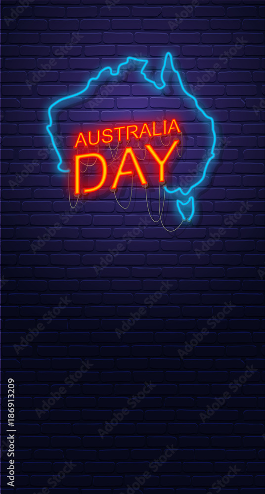 Australia Day. Neon sign on brick wall. Map of Australia. Australian ...