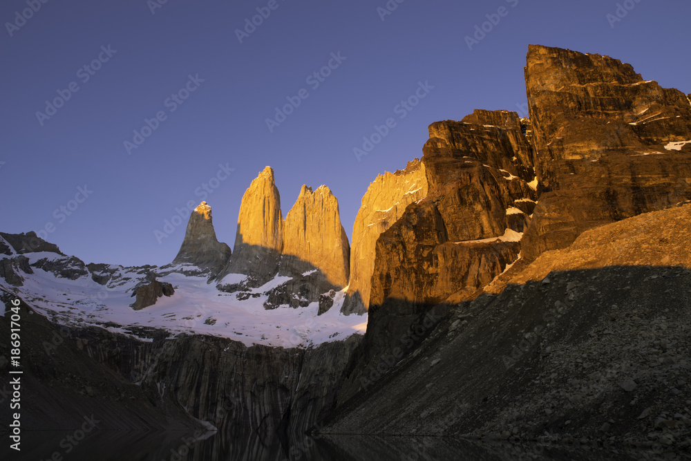 Sunrise, Bases del Torres, Torres del Paine National Park, Chile. Stock ...