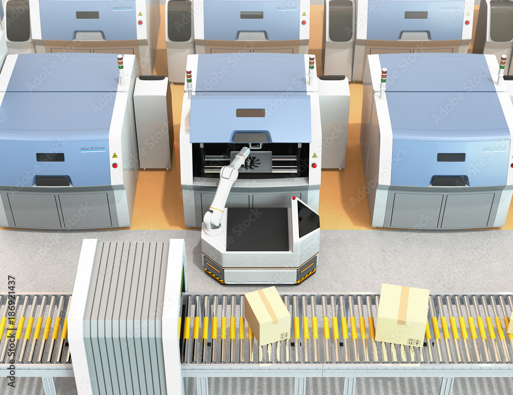 AGV (Automatic guided vehicle) picking parts from metal 3D printer ...