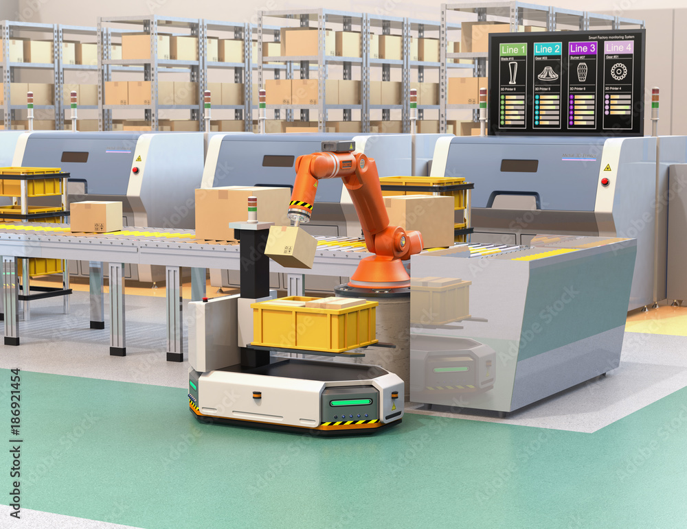 Robotic arm picking parcel from conveyor to to AGV (Automatic guided ...