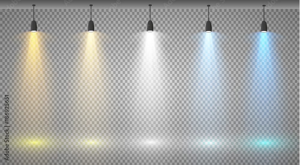 Set of colored searchlights on a transparent background. Bright ...