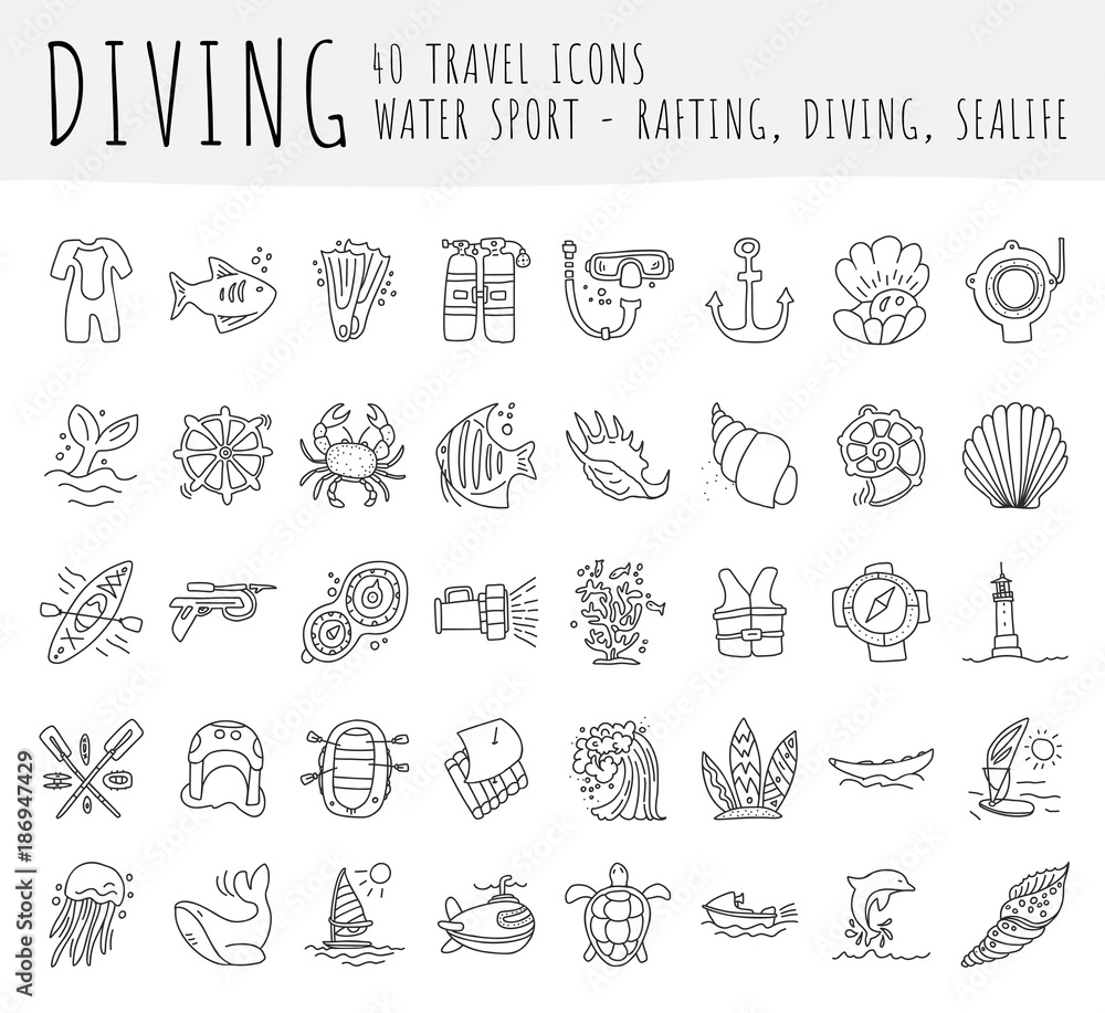 Diving vector hand draw icon set. Diving equipment, sealife, sea ...