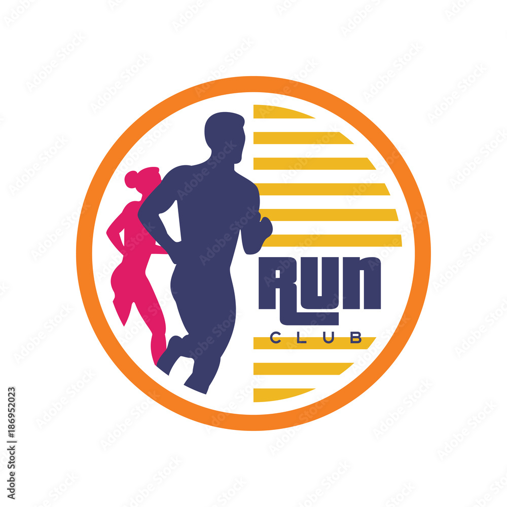 Vetor de Run club logo template, emblem with abstract running man and ...