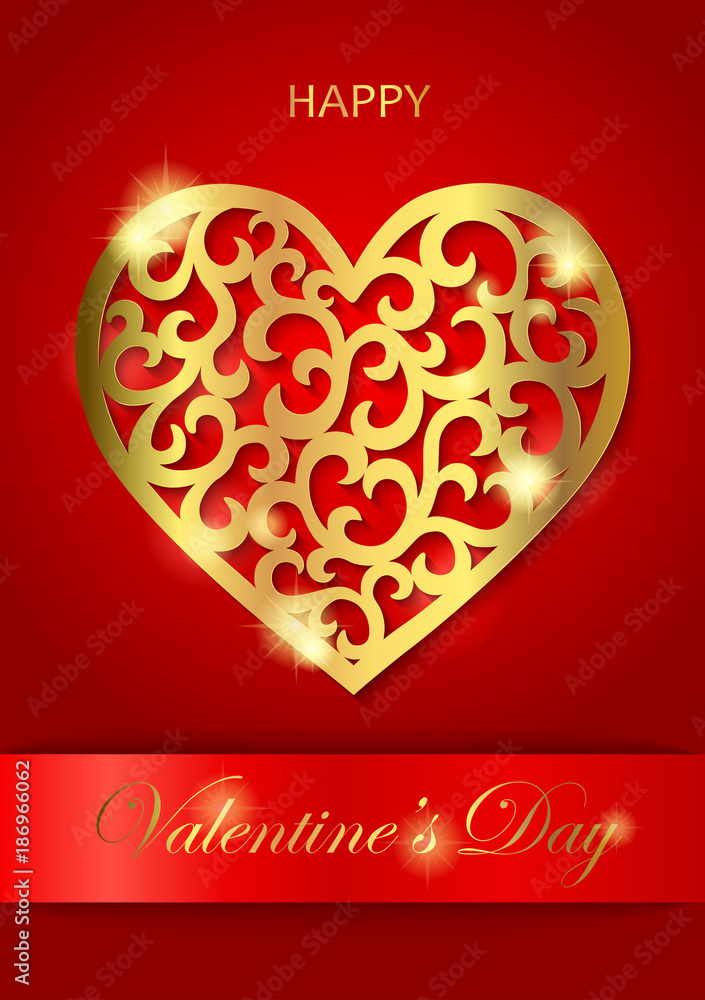 Vertical background with golden unique paper cutting ornamental heart ...