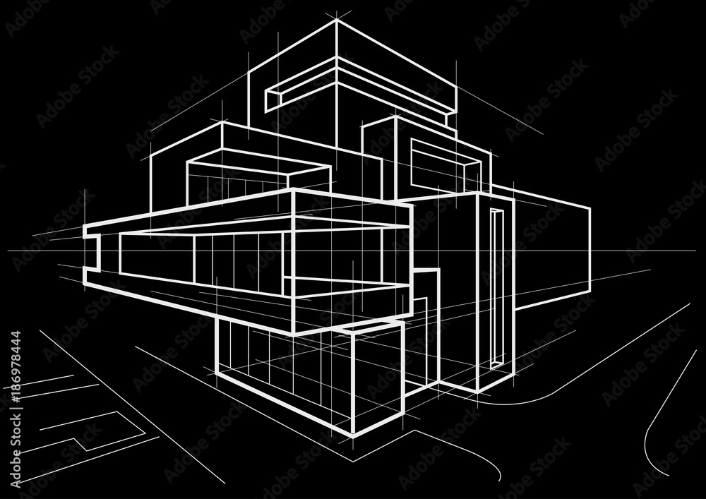 abstract architectural linear sketch of multi-storey building on black ...