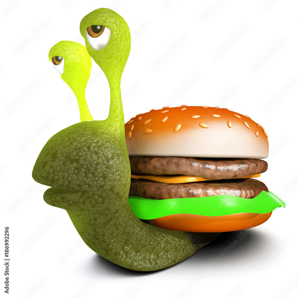 3d Funny cartoon snail character carrying a beef burger Stock ...