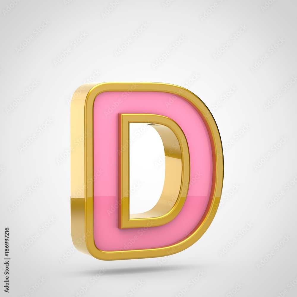 Pink letter D uppercase with golden outline isolated on white ...