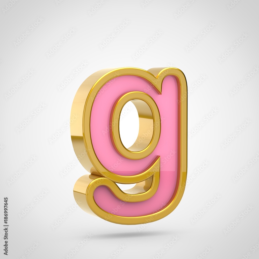 Pink letter G lowercase with golden outline isolated on white ...