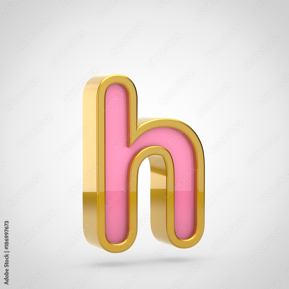 Pink letter H lowercase with golden outline isolated on white ...