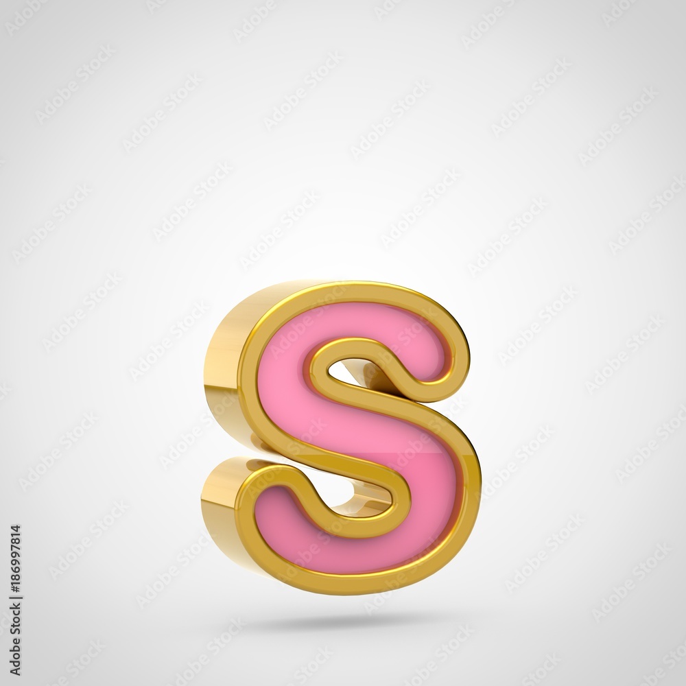 Pink letter S lowercase with golden outline isolated on white ...