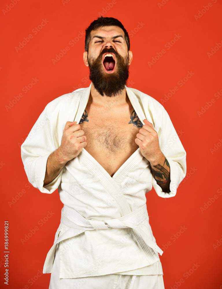 Japanese martial arts concept. Karate man with angry face Stock Photo ...