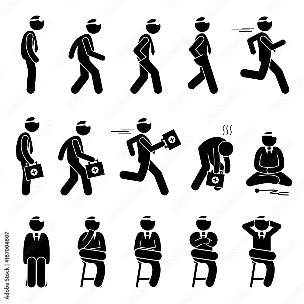 Basic Doctor Movements and Actions. Stick figure pictogram depicts a ...
