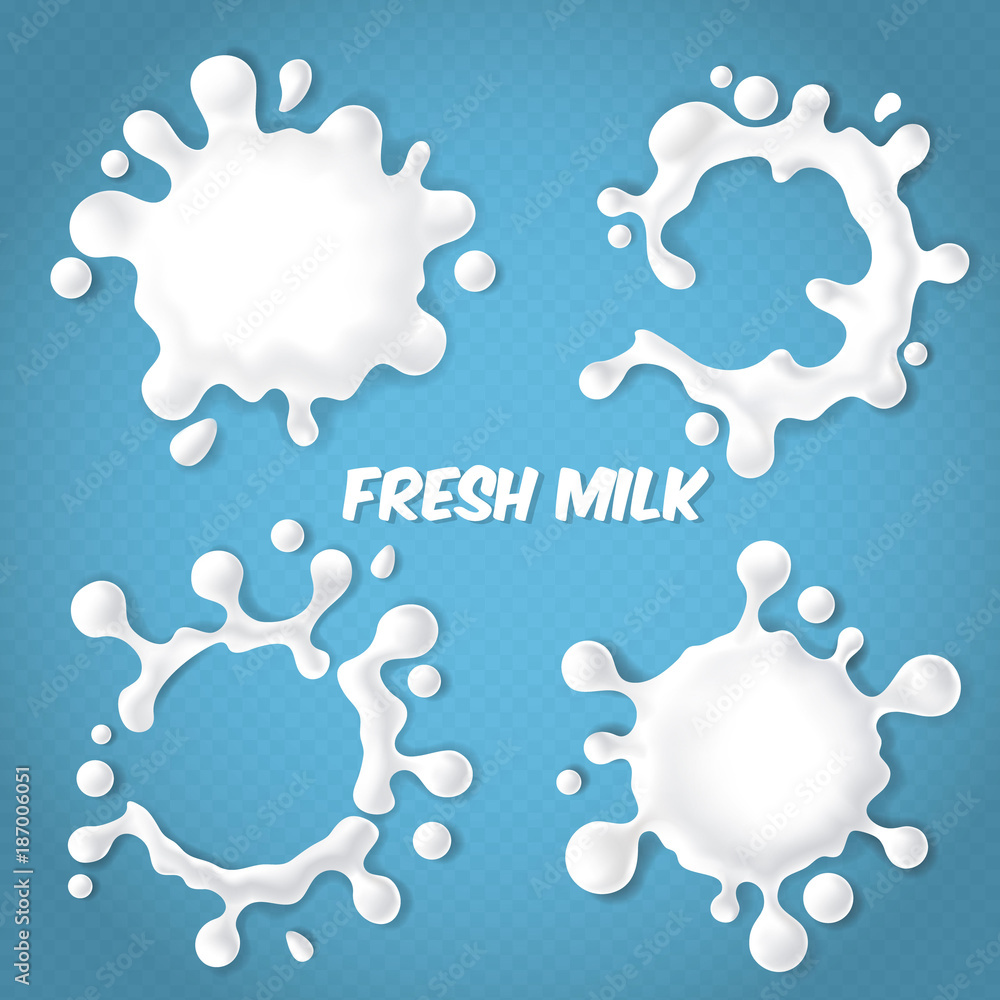 Vector set of realistic milk splashes with drops isolated on blue ...