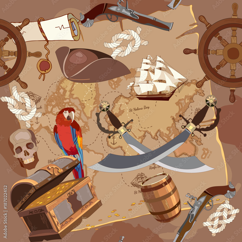 Old pirate treasure map seamless pattern. Treasure chest, parrot ...