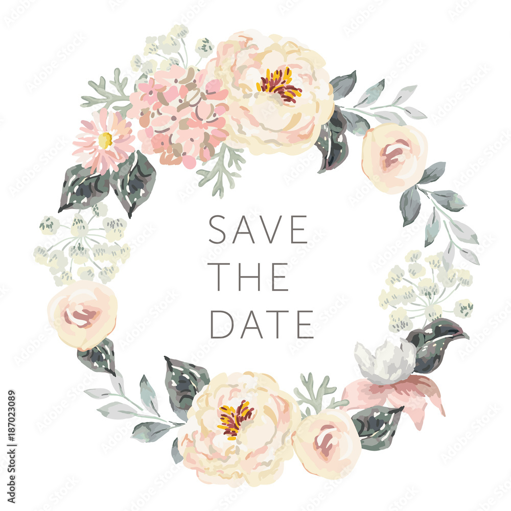 Wedding wreath Save the date. Pale pink peonies, hydrangea and gray ...