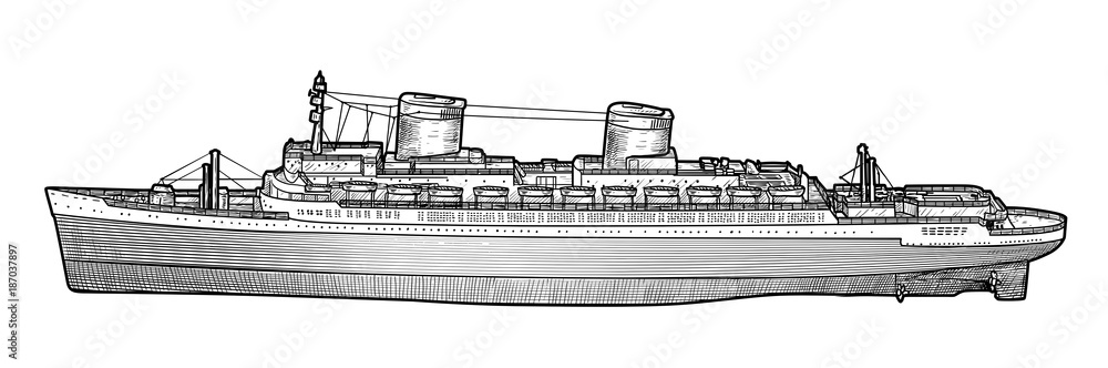 Big ship illustration, drawing, engraving, ink, line art, vector Stock ...