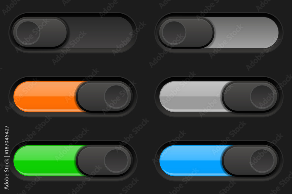 On and Off long oval icons. Black and colored switch interface buttons ...