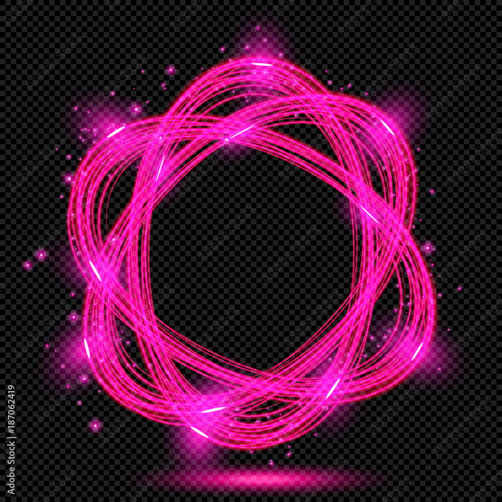 Pink shining Atomic Symbol with Sparks on Transparent Background - Vector Glowing Neon Ravel ...