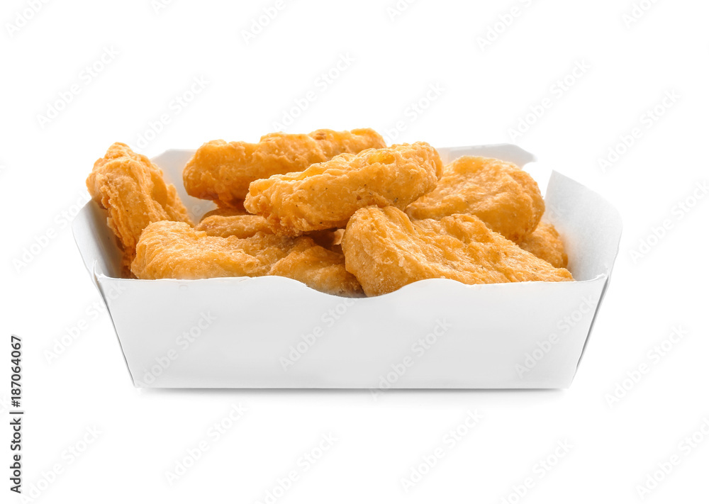 Box with tasty chicken nuggets on white background Stock Photo | Adobe ...