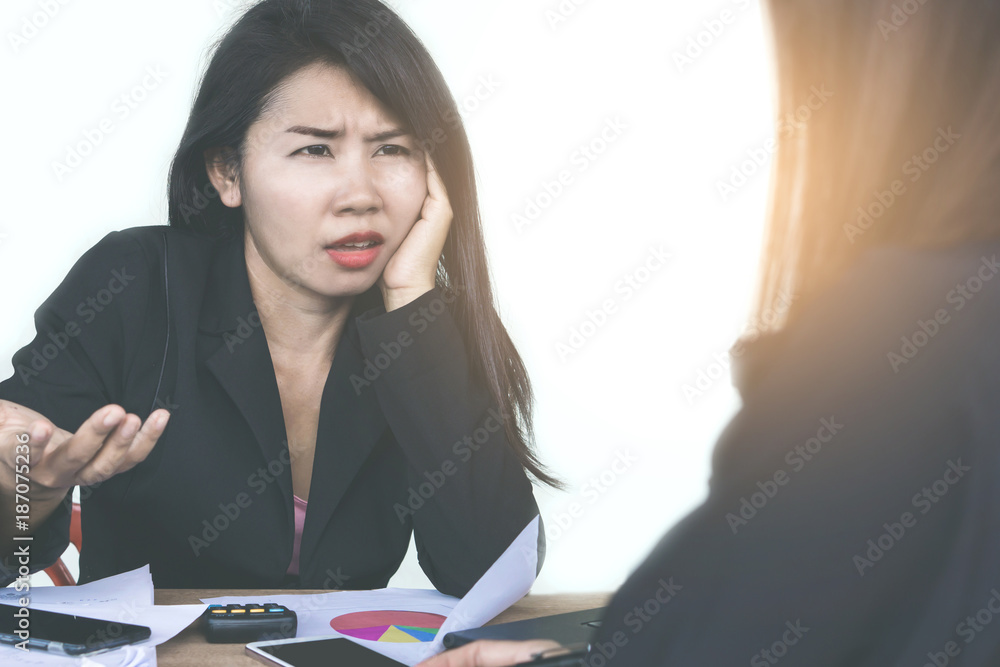 Asian woman boss angry and complaining her teamwork during working ...