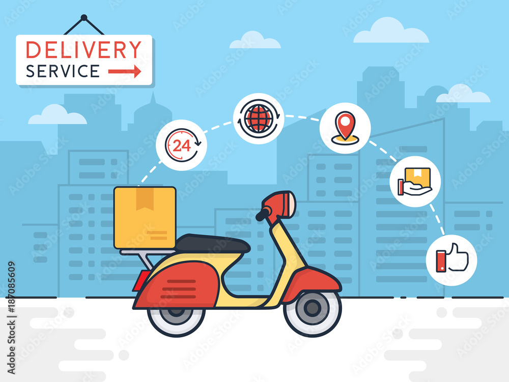 Delivery vector illustration. Delivery service with scooter motorcycle ...