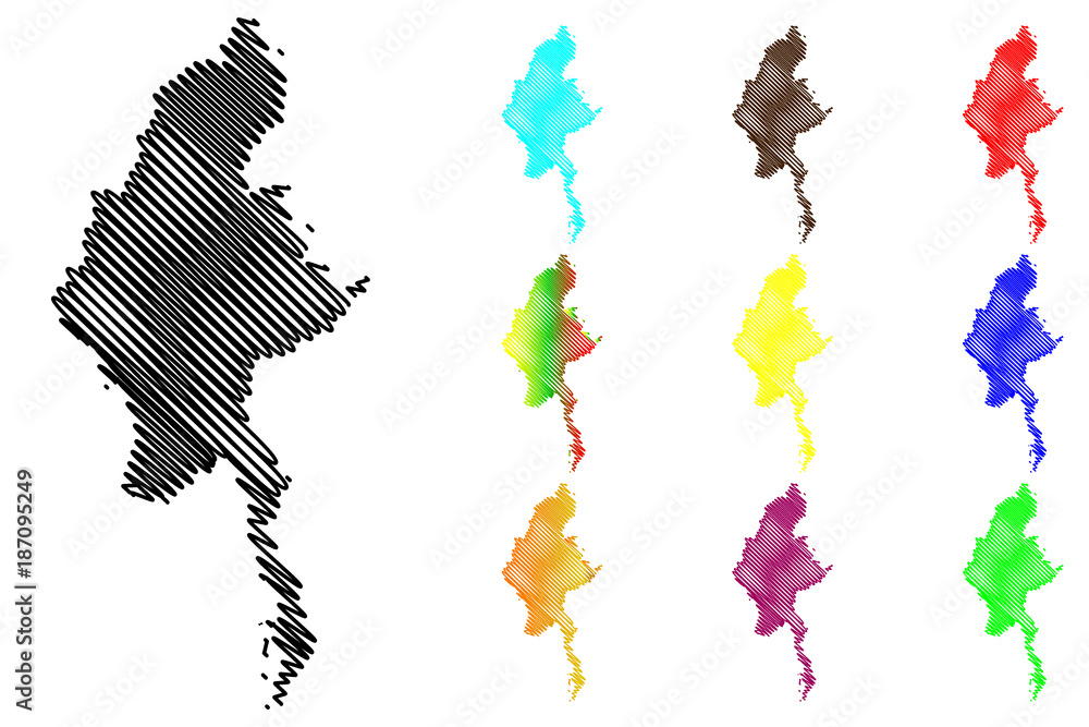 Myanmar map vector illustration, scribble sketch Republic of the Union of Myanmar, Burma, Stock ...