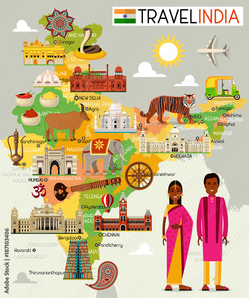 India Travel Map with Sightseeing Places. Stock Vector | Adobe Stock