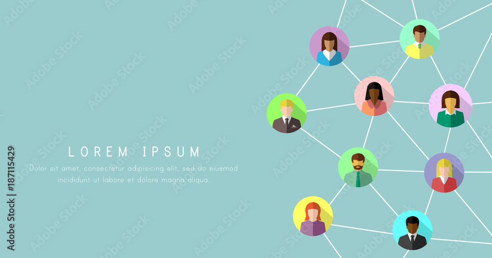Networking concept with diverse people in colorful flat design. Social ...
