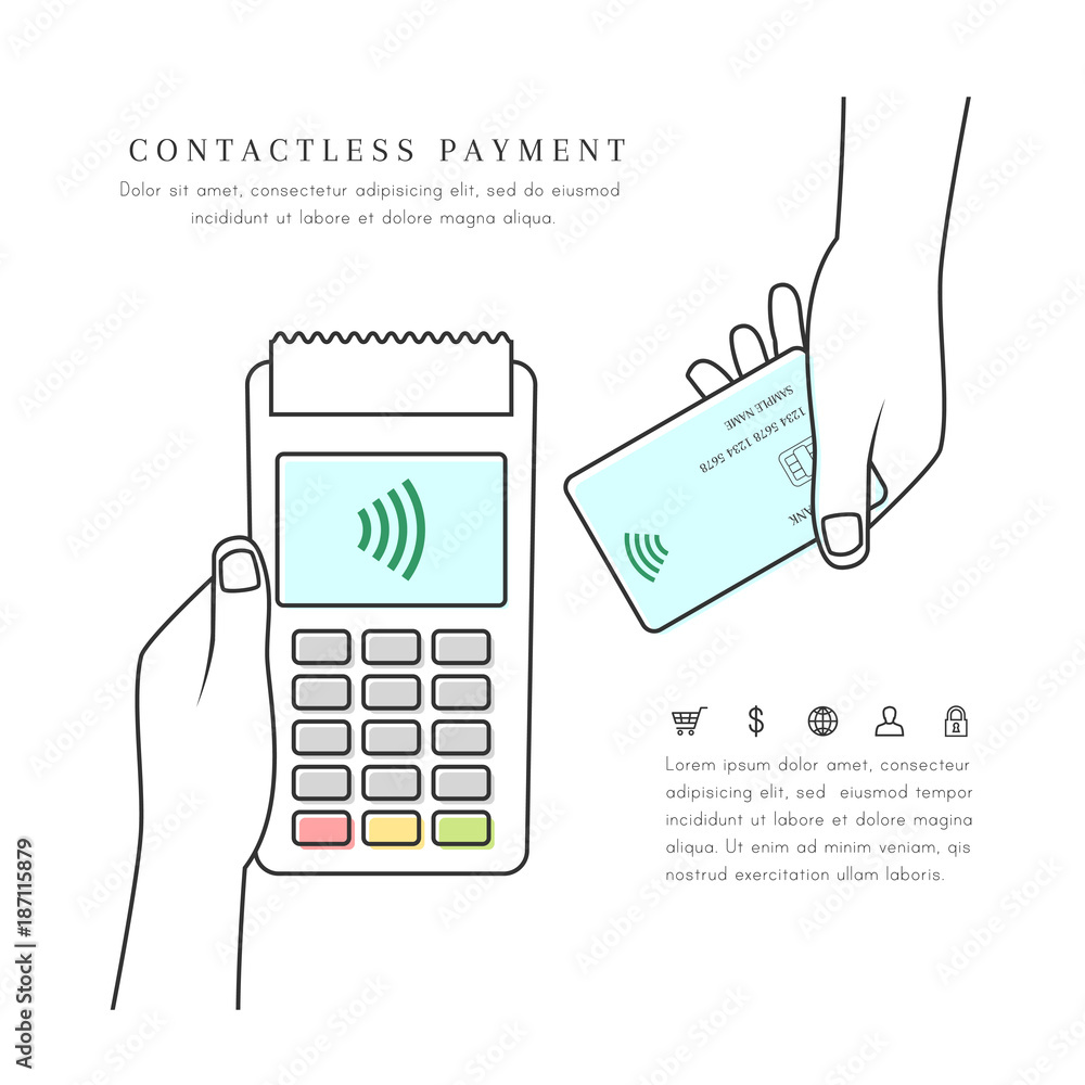 Contactless payment with POS terminal and hand holding card. Wireless ...