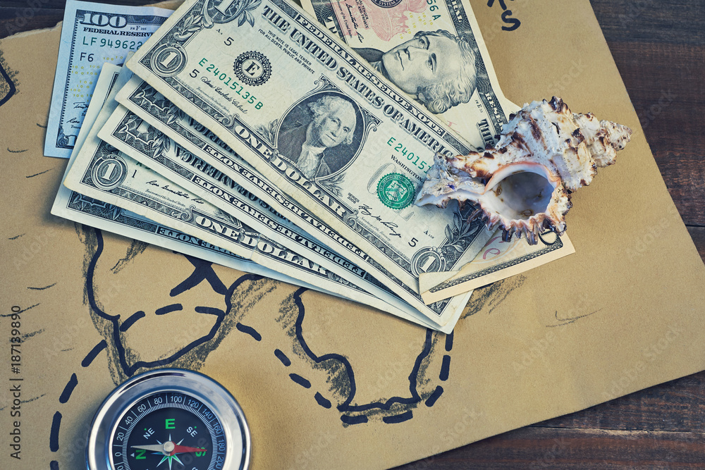 Compass and treasure map drawn by a child for a game in the search for ...