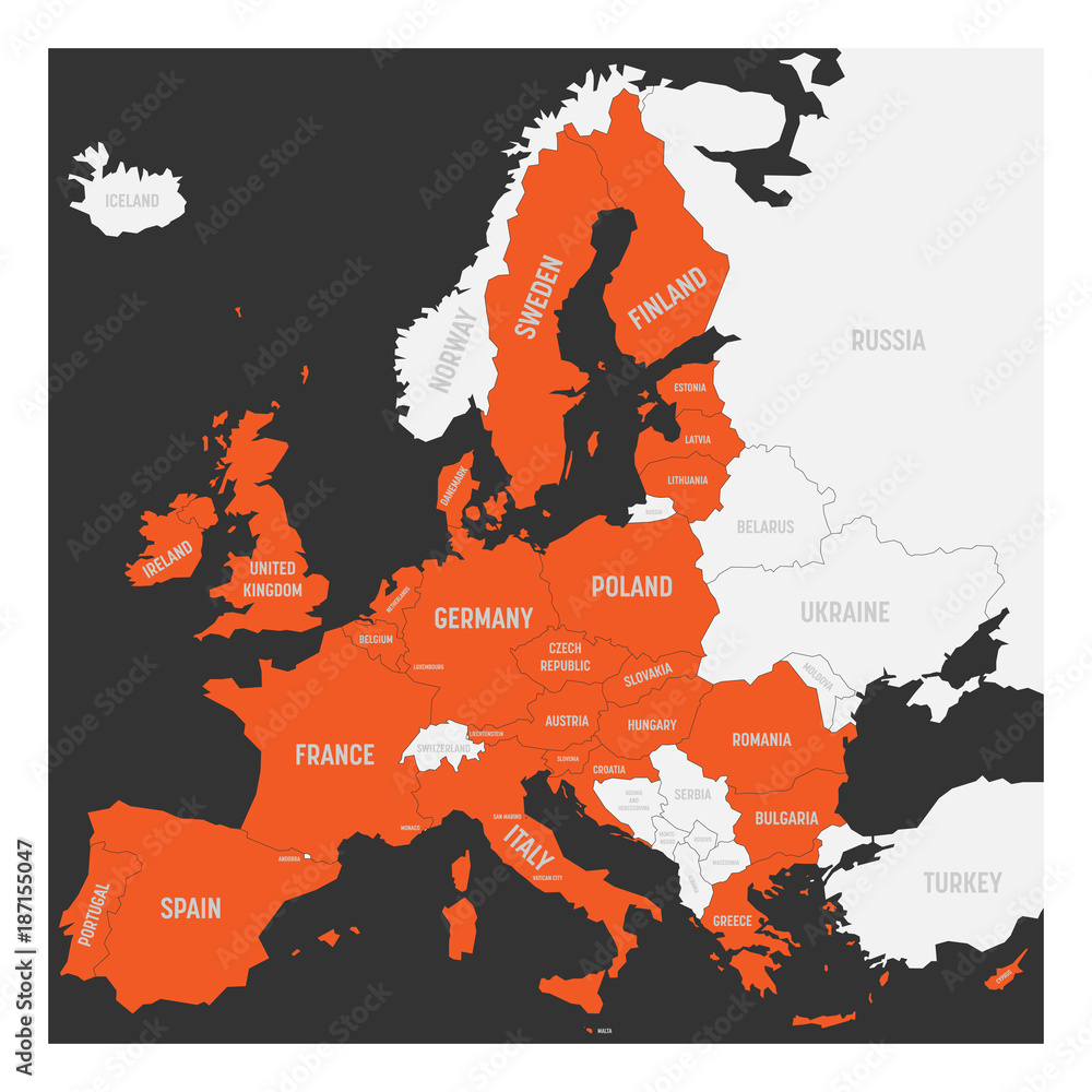 European Union map. Orange marked EU member states in the map of Europe ...