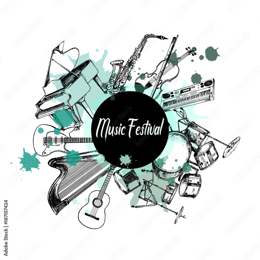 Hand drawn sketch style musical instruments. Vector illustration ...